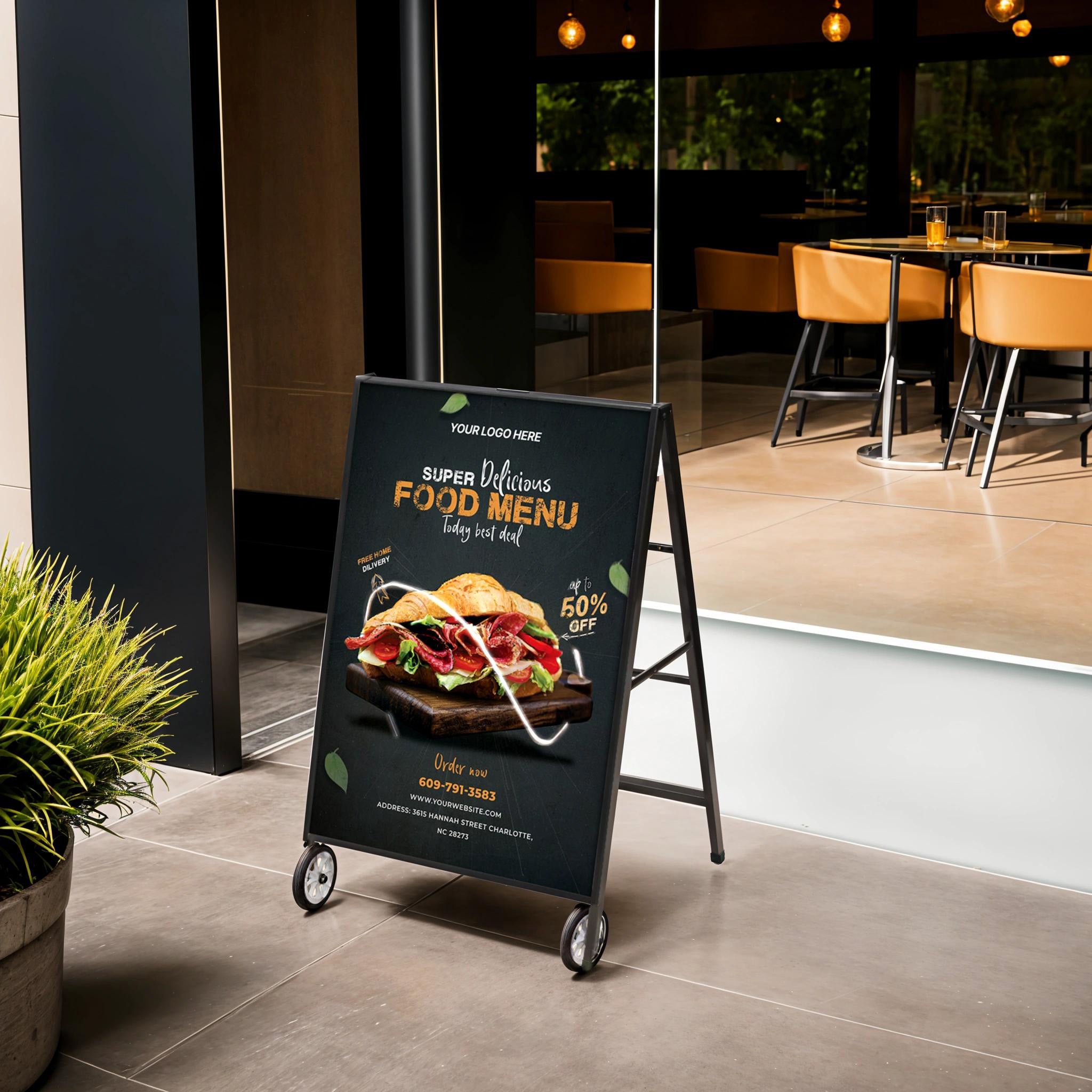 Black Metal A-Frame Sign with Wheels – Portable Sidewalk Sign for Outd ...